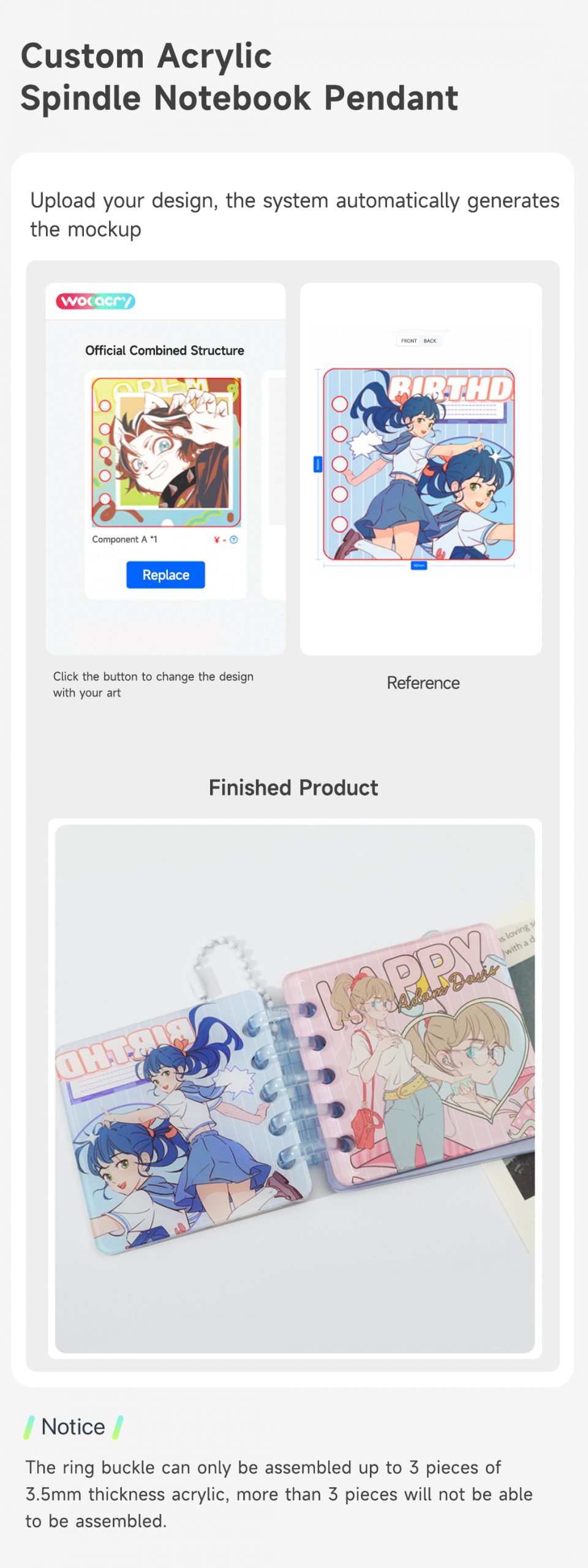 Custom Acrylic Spindle Notebook Pendant - Wooacry